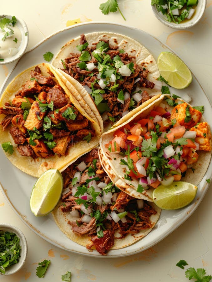 Three Assorted Tacos with Lime and Cilantro on a White Plate Stock ...