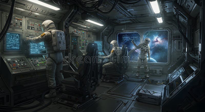 Astronauts Working in Futuristic Spaceship Control Room Stock Photo ...