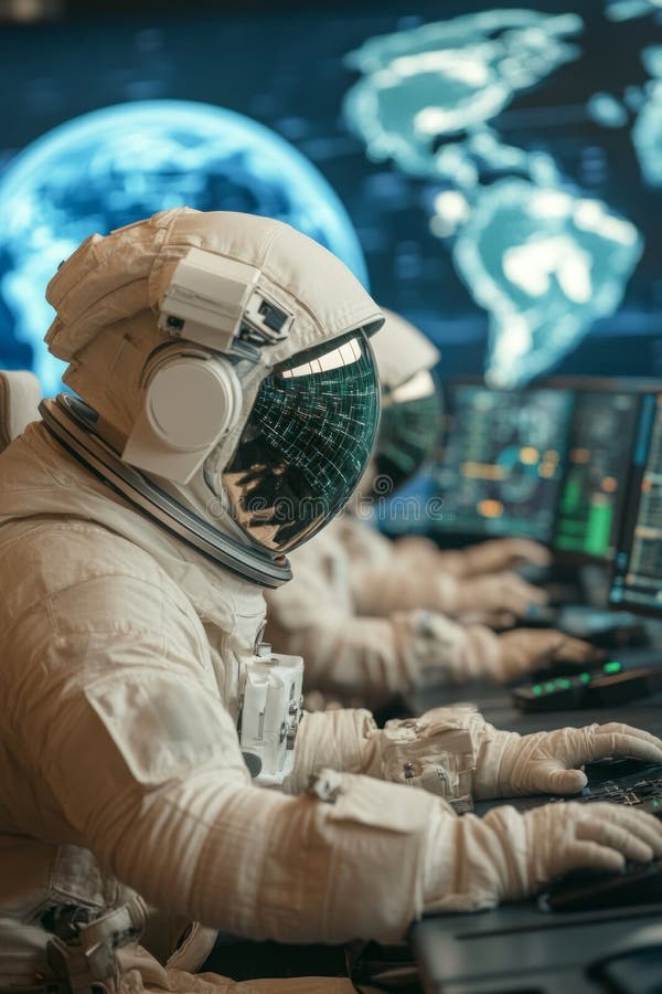 Three Astronauts Engage with High-tech Control Systems, Monitoring ...