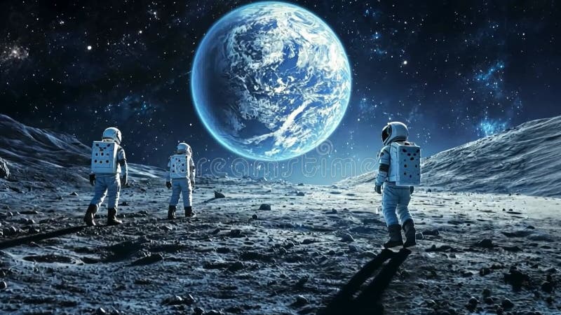 Three Astronauts Explore a Lunar Landscape. they Gazed at Earth from Afar. the Vastness of Space ...
