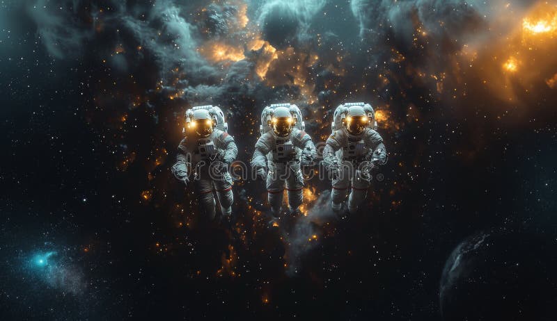 Three Astronauts Floating in Space Against an Intense Cosmic Backdrop ...