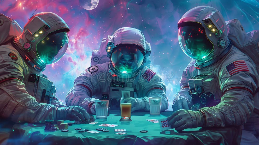 Astronauts Playing Poker in Space with Drinks and Cards Stock ...