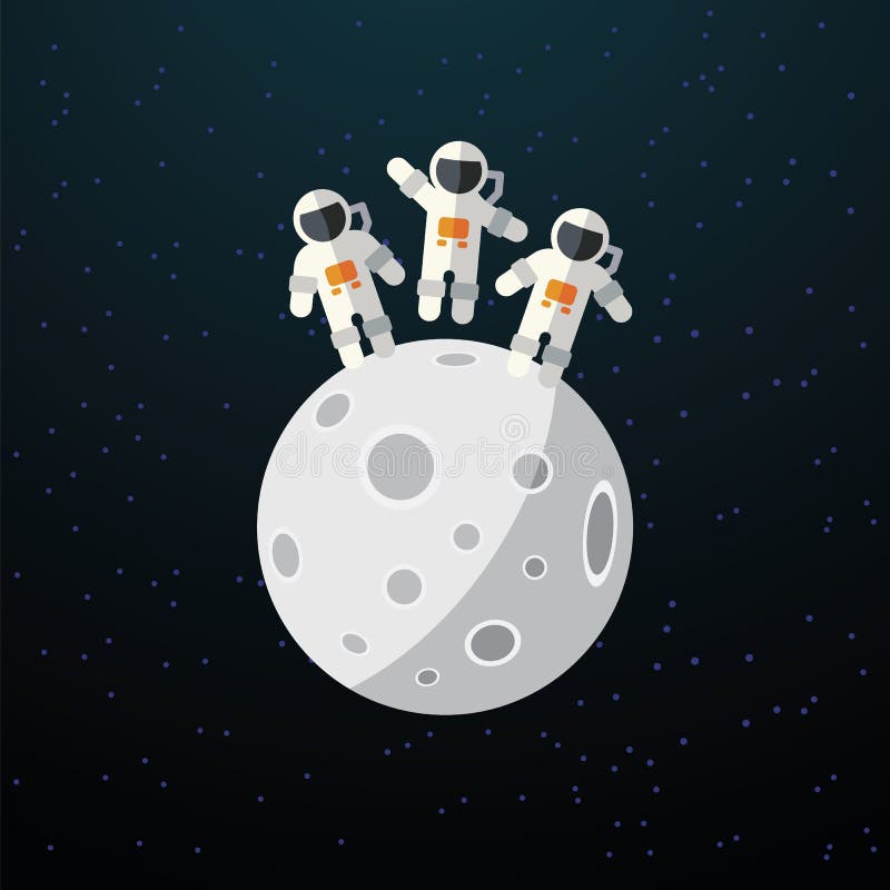 Three Astronauts are on the Moon Surface. Flat Space Illustration with ...