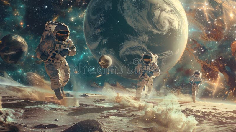 Astronauts Running on the Moon with Earth and Planets in the Background ...