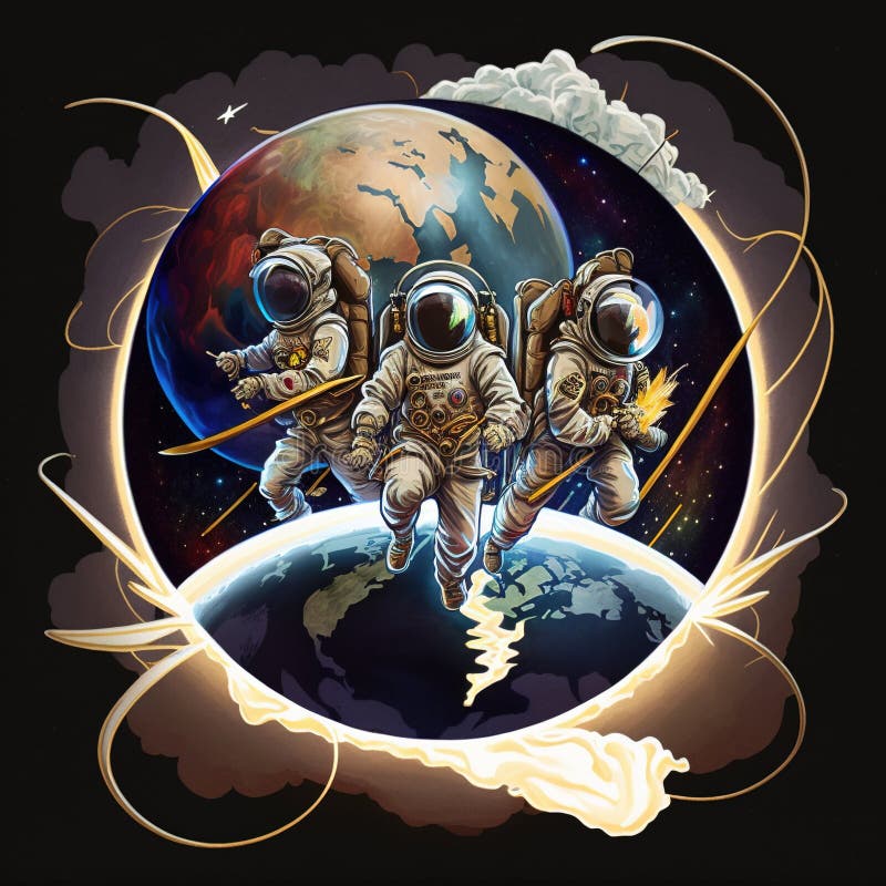 Three Astronauts in Space stock illustration. Illustration of cosmic ...