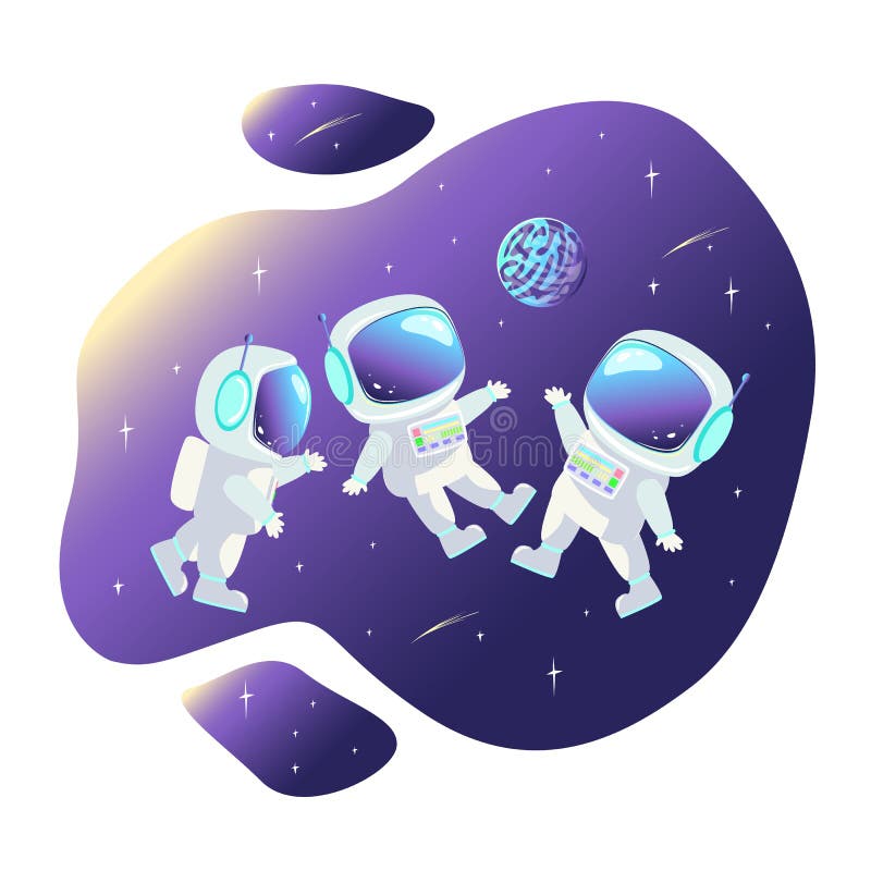 Three Astronauts in a Spacesuit Fly in Open Space Stock Vector ...