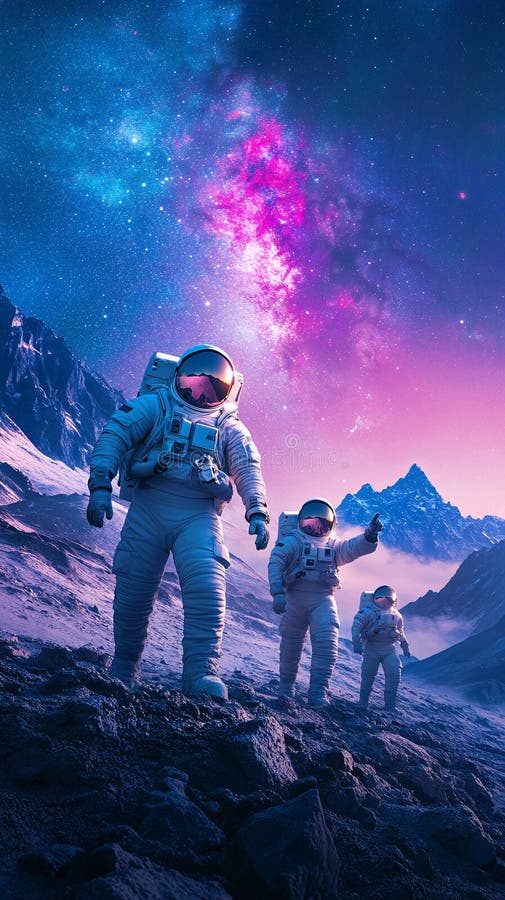 Astronauts Exploring Distant Planet Under Starry Night Sky and Colorful ...