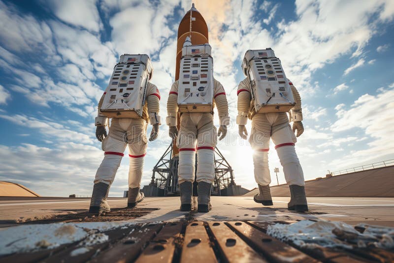 Three Astronauts are Standing on a Runway, Looking Up at a Rocket. the ...