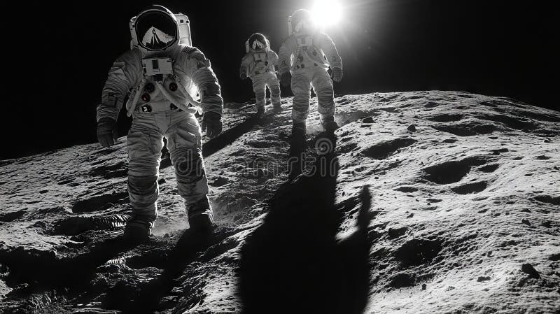 Three Astronauts Walking on the Moon at Night Stock Photo - Image of ...