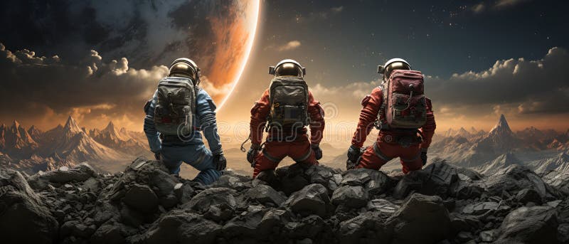 Three Astronauts Wearing Space Suits Walk Standing Surface. Generative ...