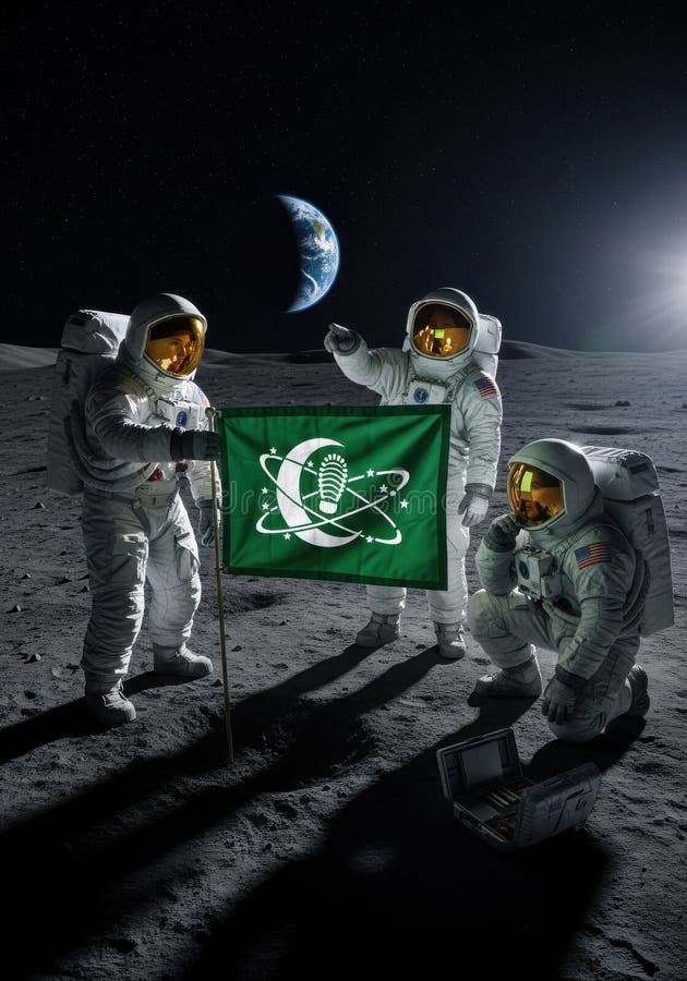 Astronauts on the Moon Holding Green Flag with Space Microphone Symbol ...