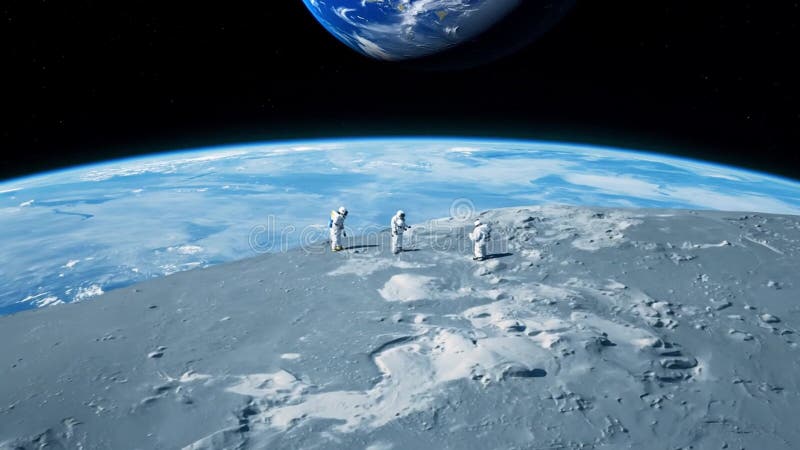 Three Astronauts Explore a Lunar Landscape with Earth in the Background ...