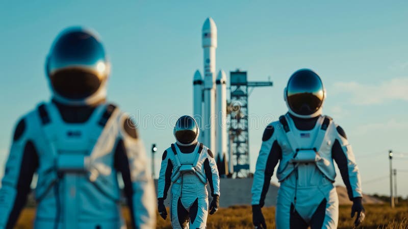 Three Astronauts Walking in Front of a Rocket on a Sunny Day Stock ...