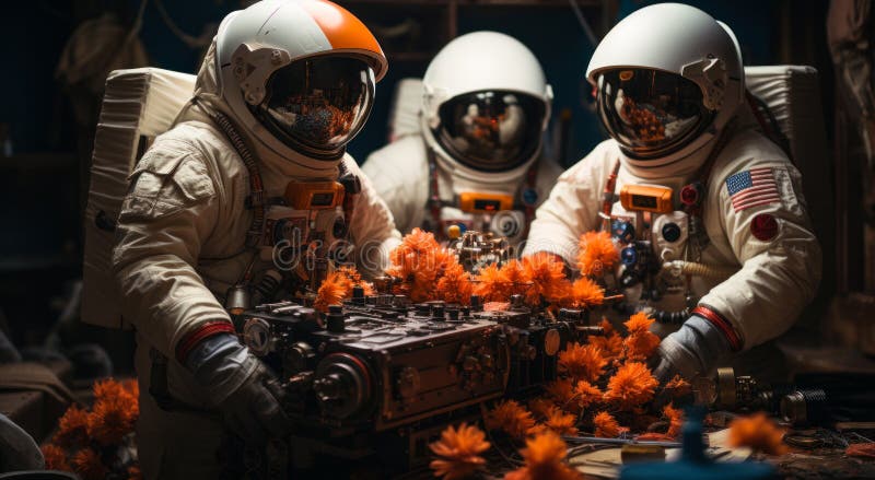Three Astronauts Work on Space Station Stock Photo - Image of ...