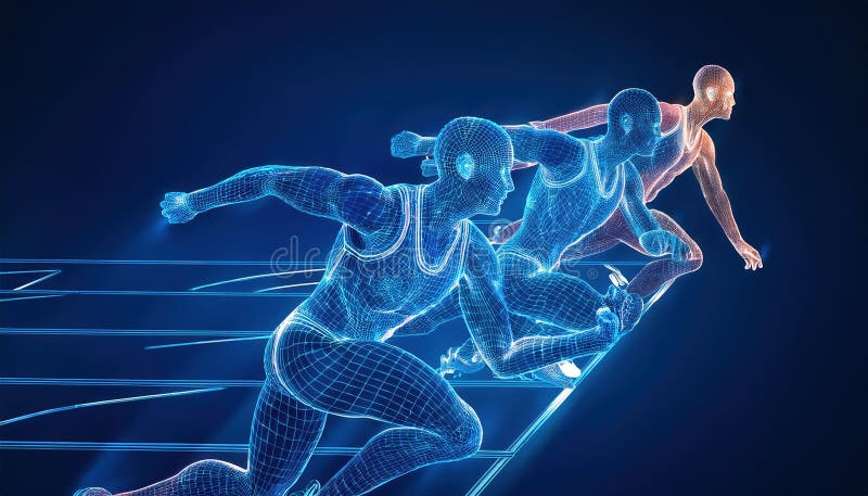 Energetic Relay Race Depicted in Wireframe Design Against a Blue ...