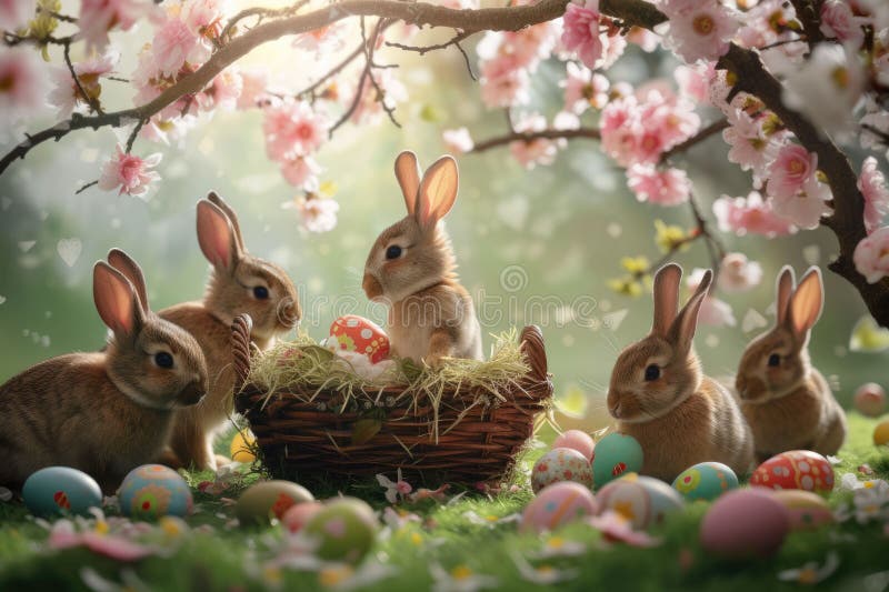 Three Rabbits by a Basket of Easter Eggs in the Grass AIG42E Stock ...