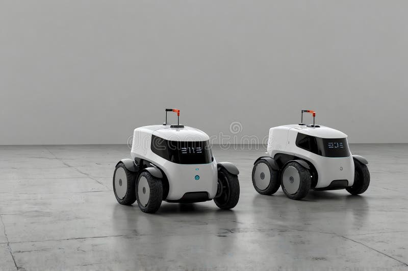 Three Autonomous Delivery Robots Shown from Different Angles on a White ...