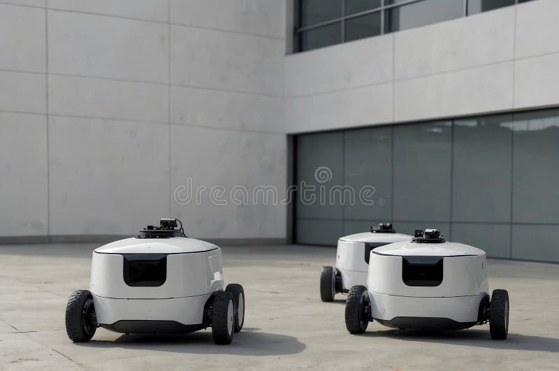 Three Autonomous Delivery Robots Shown from Different Angles on a White ...