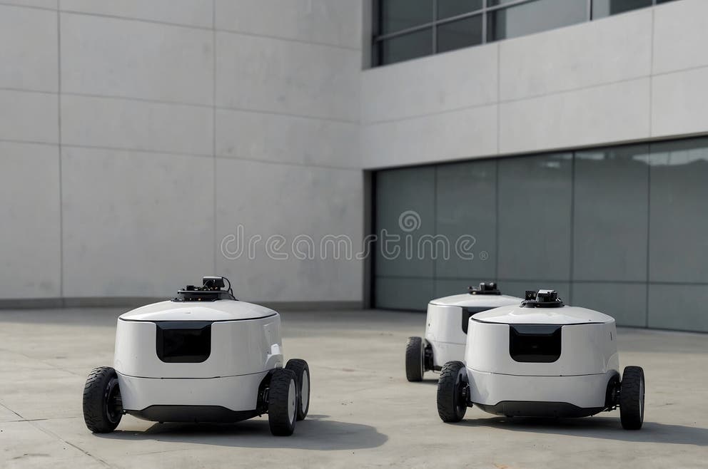 Three Autonomous Delivery Robots Shown from Different Angles on a White ...