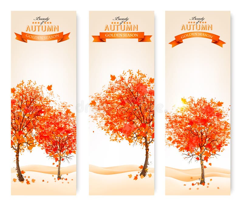 Three Autumn Abstract Banners with Colorful Leaves and Trees. Stock ...