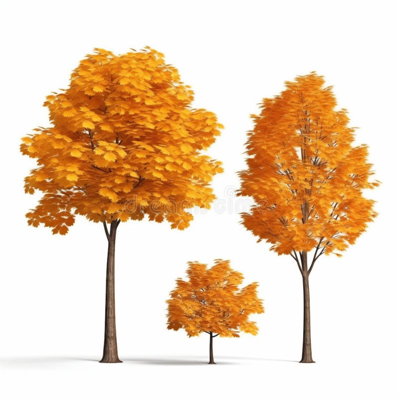 Three Autumn Trees with Orange Leaves on White Background Stock ...