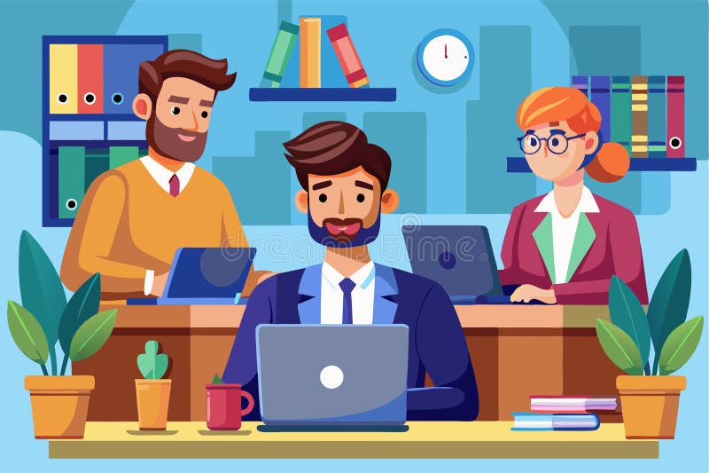 Three Avatar Characters are Engaged in Office Tasks, Each Using a ...