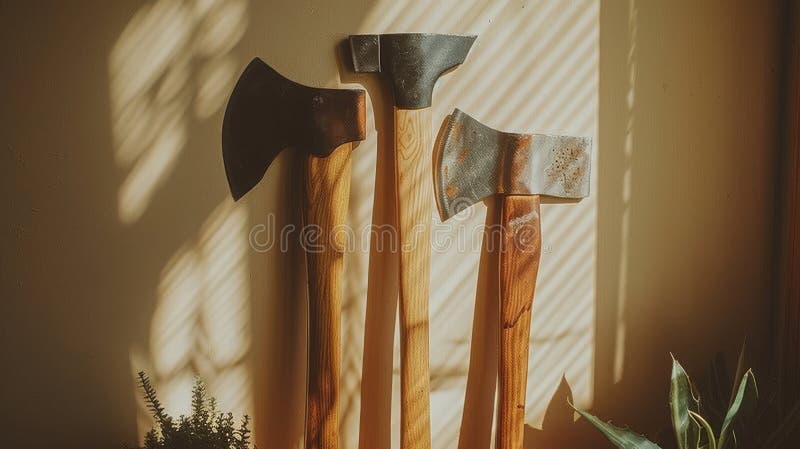 Three Axes with Wooden Handles Lean Against Wall, Creating Artistic ...