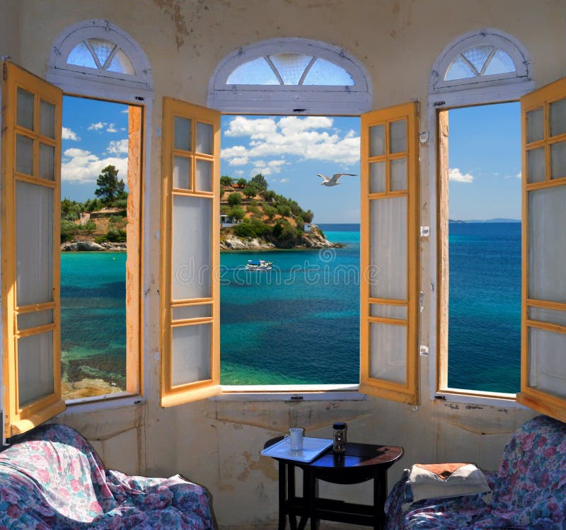 Bay Window Overlooking Mediterranean Sea Stock Image - Image of decline ...