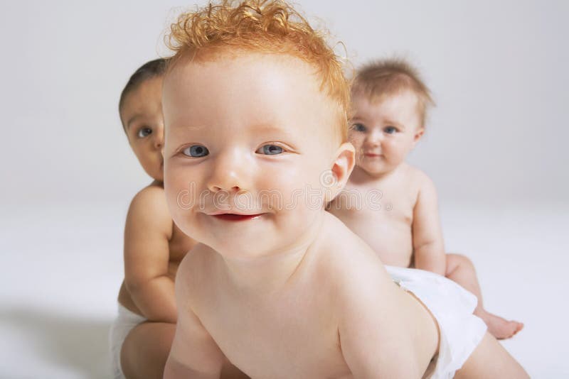 Portrait of Three Cute Babies in Studio Stock Image - Image of friendly ...