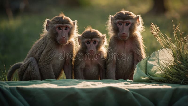 Three Adorable Baby Monkeys Sitting Together in Golden Hour Light Stock ...