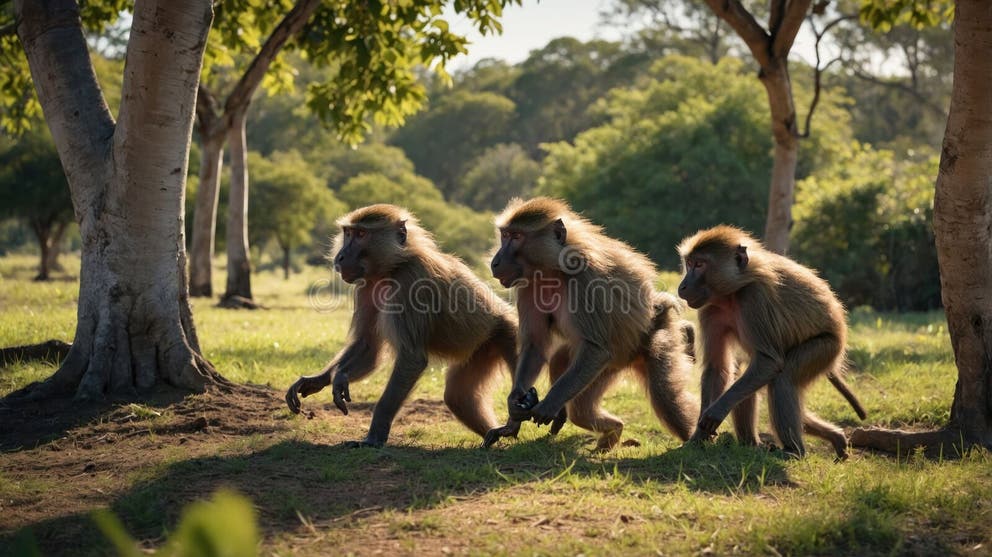 Three Hamadryas Baboons Walking in Sunlight through African Savanna ...
