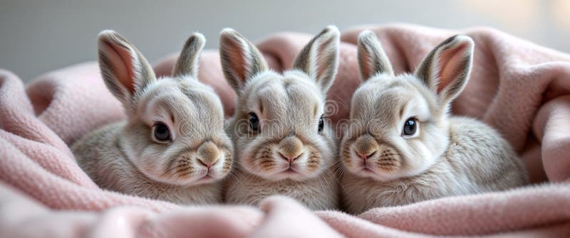 Three Baby Bunnies Snuggled in a Pink Blanket. Stock Image - Image of ...