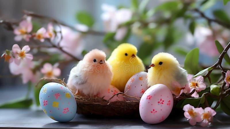 Three Baby Chickens and Painted Eggs on Background of Pink Flowers ...