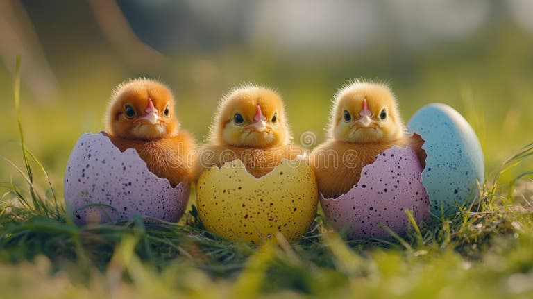 Three Baby Chicks Hatching from Colorful Eggs Stock Illustration ...