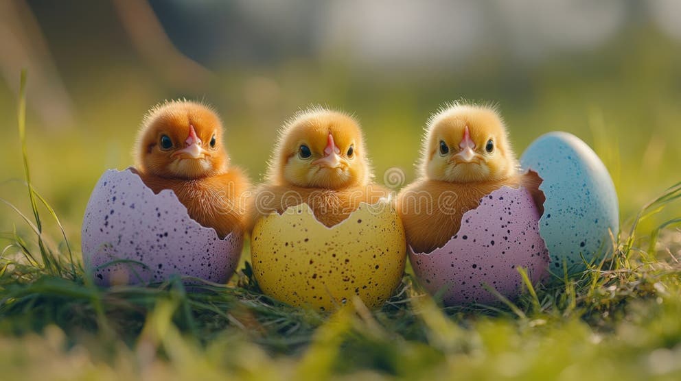 Three Baby Chicks Hatching from Colorful Eggs Stock Illustration ...