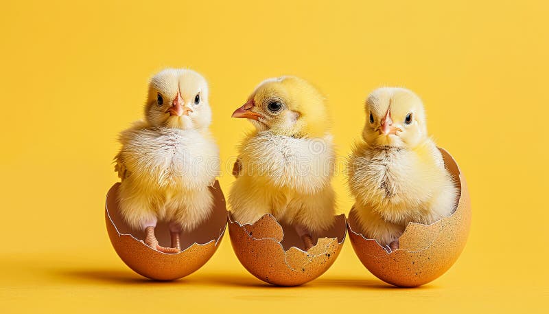Three Baby Chicks are Sitting in an Eggshell on a Yellow Background ...