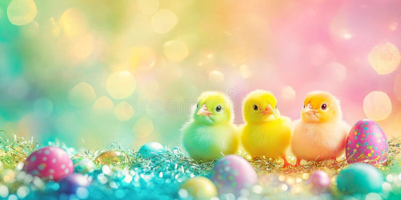Three Baby Chicks are Standing on a Bed of Easter Eggs Stock ...