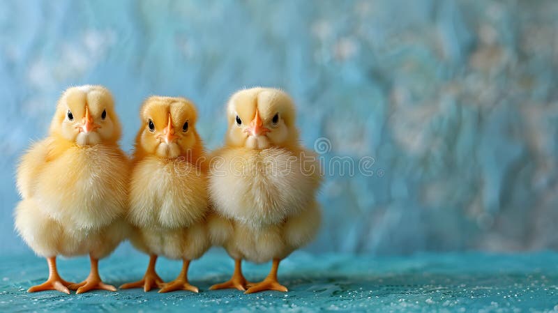 Three Baby Birds with Yellow Feathers are Standing Together on a Blue ...