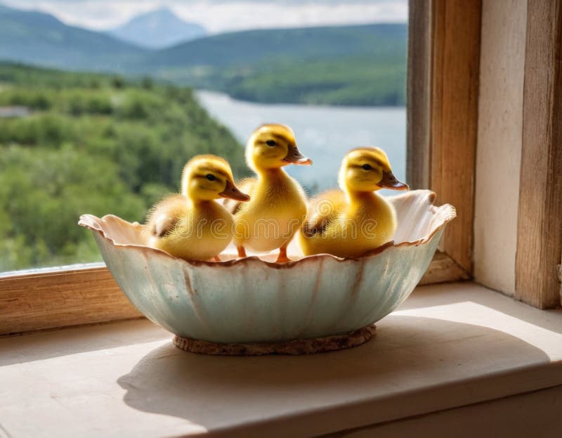 Three Baby Ducks are Sitting in a Bowl on a Window Sill Stock Photo ...