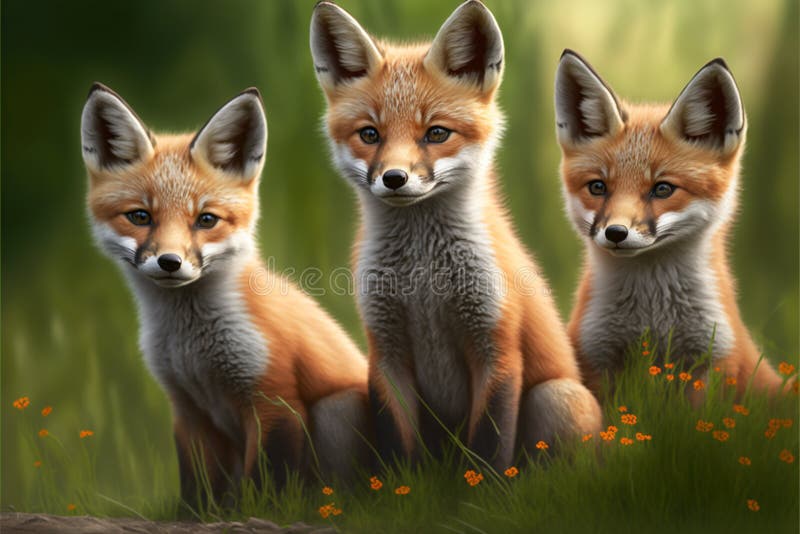 Three Baby Foxes Sitting in Grass Stock Illustration - Illustration of ...