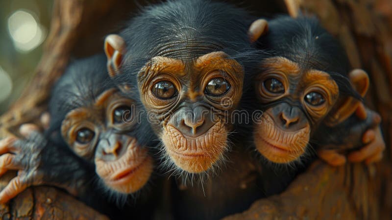 Three Baby Monkeys are Looking at the Camera in a Tree, AI Stock Photo ...