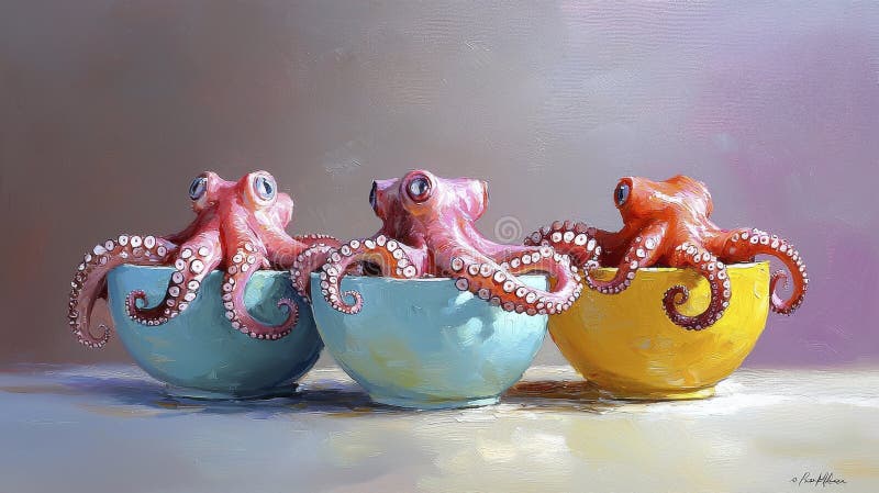 Three Baby Octopuses in Pastel Blue and Yellow Bowls Stock Illustration ...