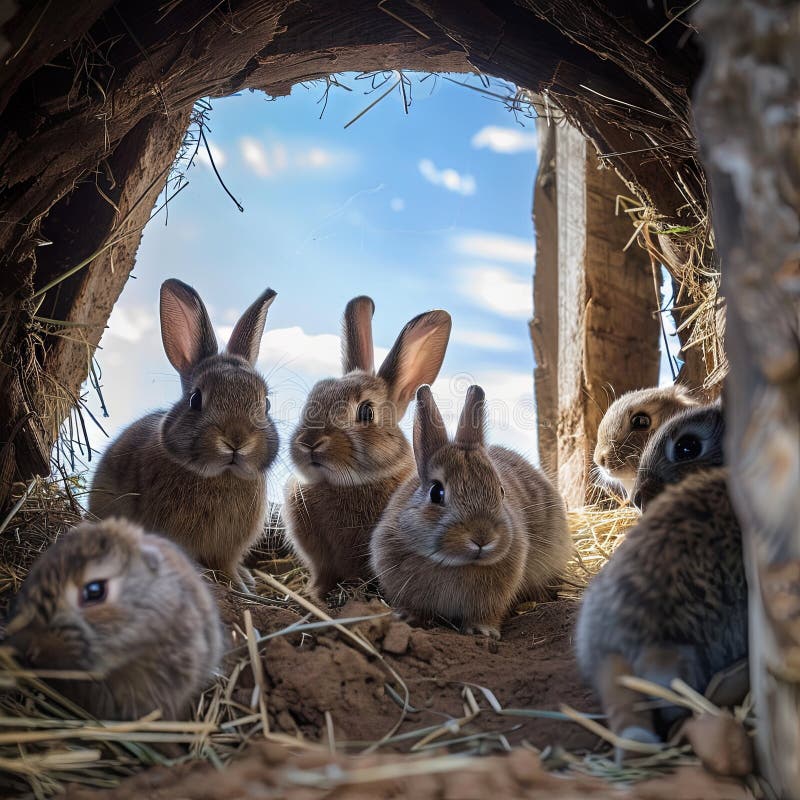 Three Baby Rabbits are Sitting in a Rabbit Hole Stock Illustration ...