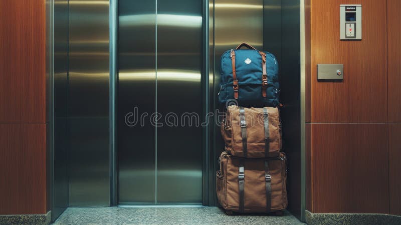 Three Backpacks Resting by an Elevator Door Stock Illustration ...
