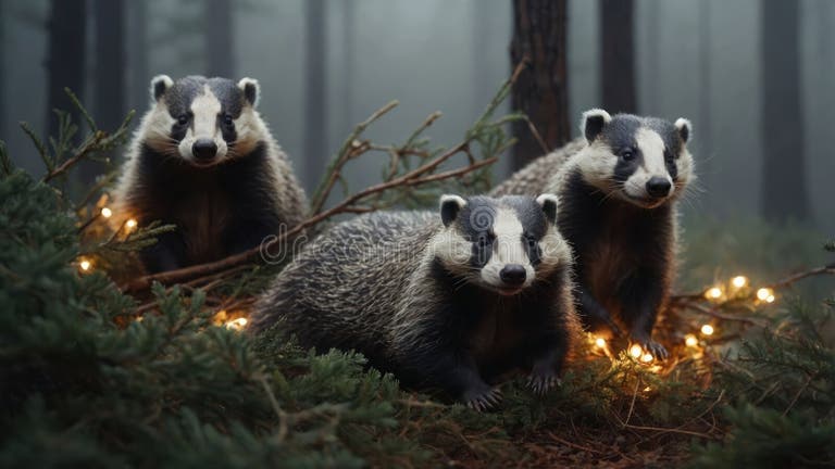 Three Adorable Badgers in a Magical Winter Forest with Fairy Lights ...