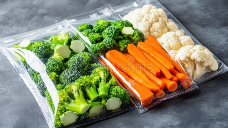 Three Bags of Broccoli, Cauliflower and Carrots are in Plastic ...