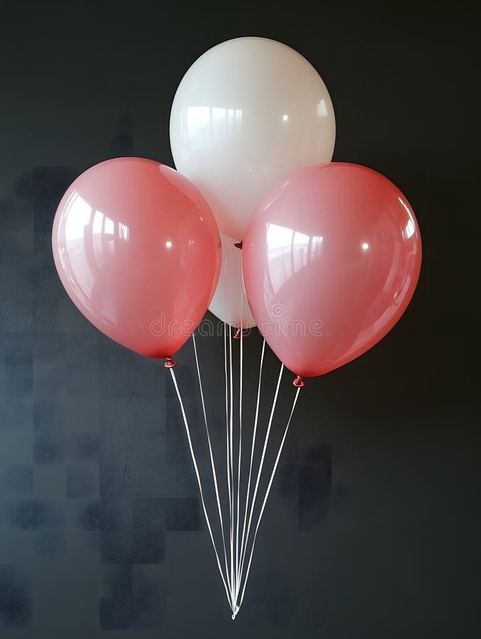 Three Balloons Two Pink and One White Floating Against a Dark Gray ...