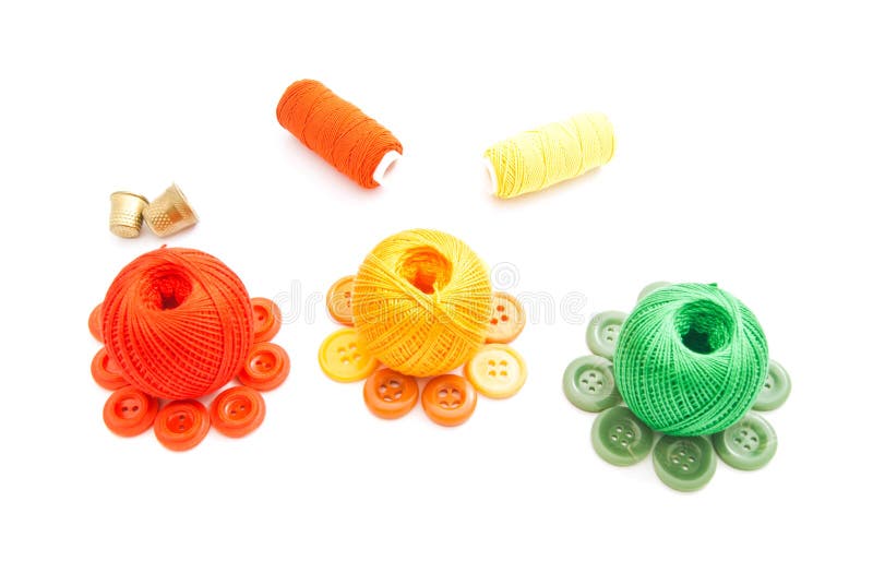Three Balls of Yarn, Thimbles and Buttons Stock Image - Image of sewing ...