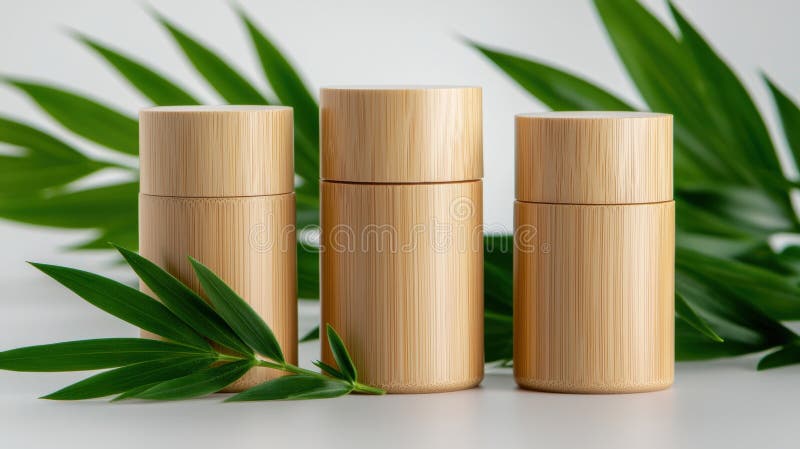 Three Bamboo Containers with White Lid, Arranged in a Row. Stock Image ...