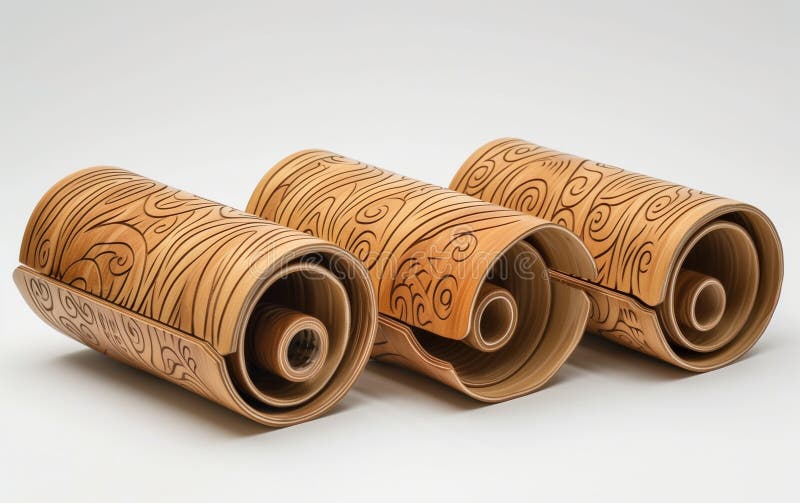 Three Bamboo Scrolls with Intricate Designs, Each Rolled Up at One End ...